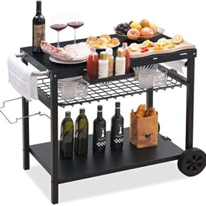 PIZZELLO Three-Shelf Outdoor Grill Dining Cart Movable BBQ Trolley Multifunctional Solid Steel Food Prep Worktable with Two Wheels