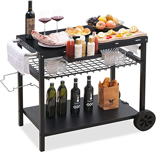 PIZZELLO Three-Shelf Outdoor Grill Dining Cart Movable BBQ Trolley Multifunctional Solid Steel Food Prep Worktable with Two Wheels