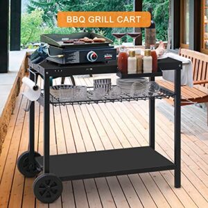 PIZZELLO Three-Shelf Outdoor Grill Dining Cart Movable BBQ Trolley Multifunctional Solid Steel Food Prep Worktable with Two Wheels