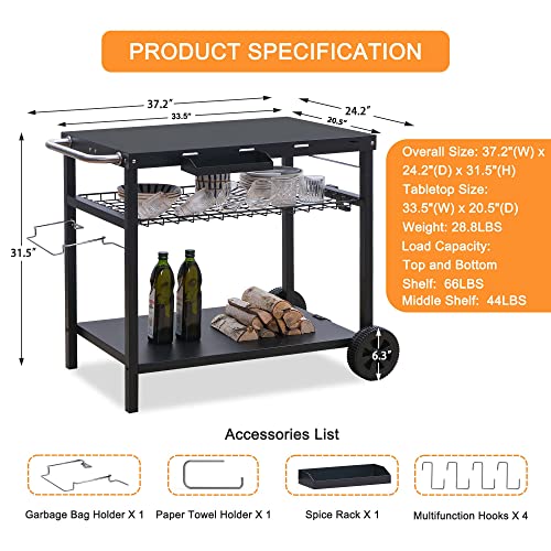 PIZZELLO Three-Shelf Outdoor Grill Dining Cart Movable BBQ Trolley Multifunctional Solid Steel Food Prep Worktable with Two Wheels