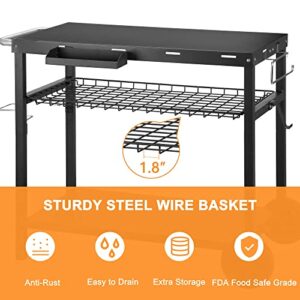 PIZZELLO Three-Shelf Outdoor Grill Dining Cart Movable BBQ Trolley Multifunctional Solid Steel Food Prep Worktable with Two Wheels