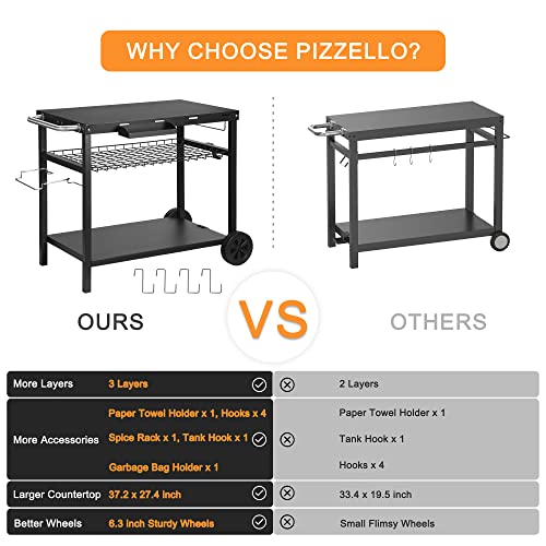 PIZZELLO Three-Shelf Outdoor Grill Dining Cart Movable BBQ Trolley Multifunctional Solid Steel Food Prep Worktable with Two Wheels