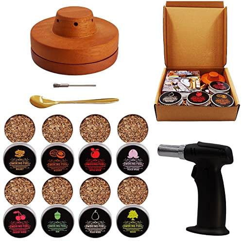 Cocktail Smoker Kit with Torch, Old Fashioned Drink Smoker Infuser Kit with 8 Kinds of Wood Chips for Cocktails, Whiskey, Meat, Salad, Cheese, etc. Gift for Father, Husband and Whiskey Smoker Lover.