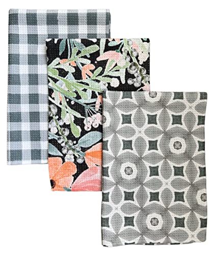 Desert Aqua || 3 Pack|| Not Your Ordinary Kitchen Towels || Dish Towels || Waffle Weave Microfiber || Tea Towels || Highly Absorbent || Hanging Loop || Dish Cloths || Modern || Designer Prints (Gray)