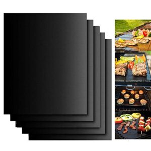 grill mats for outdoor grill, dailyart grill mats non stick set of 5 bbq grill mat baking mats teflon bbq accessories grill tools reusable,works on gas, charcoal, electric grill 15.75 x 13-inch, black