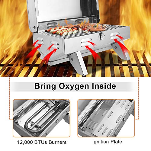 ROVSUN Portable Propane Gas Grill 12,000BTU, Tabletop Outdoor Cooking Grill for Picnic Camping RV Tailgating Patio Garden BBQ, Stainless Steel