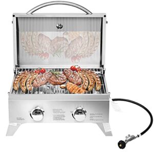 oralner portable gas grill 20,000 btu stainless steel grill tabletop propane bbq griddle w/foldable legs, gas hose, 266 sq.in cooking area, 2 burner gas grill for outdoor camping, tailgating, picnic