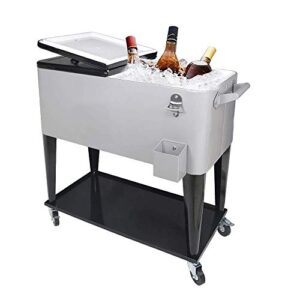 sharewin 80 qt rolling cooler cart ice chest for outdoor patio deck party portable party bar cold drink beverage cart tub, backyard cooler trolley on wheels with shelf, bottle opener silvery