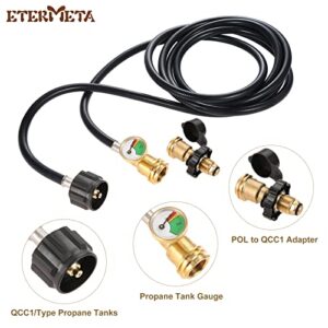 ETERMETA 12 Feet Propane Extension Hose, Universal Extension Include POL Gauge, POL LP Tank to Male QCC1 / Type1 Adapter, Leak Detector for Gas Grill, Heater and All Other Propane Appliances