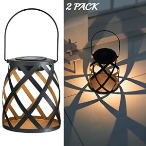 glintoper 2 pack solar lantern, outdoor hanging solar powered lights, warm white led decorative tabletop metal lanterns, hollowed-out design with handle, waterproof for yard lawn patio