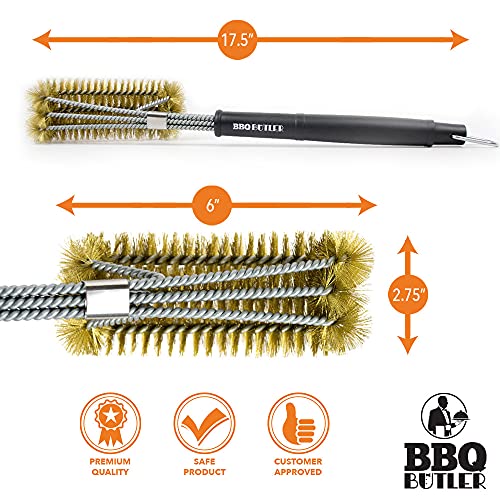 BBQ Butler Brass Grill Brush - Large Triple-Headed Grill Brush - Cleaning Brush - Barbecue Wire Brush - BBQ Tools - BBQ Accessories - Porcelain Grill Brush - Great for All Smoker/Grill Grates