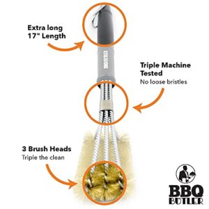 BBQ Butler Brass Grill Brush - Large Triple-Headed Grill Brush - Cleaning Brush - Barbecue Wire Brush - BBQ Tools - BBQ Accessories - Porcelain Grill Brush - Great for All Smoker/Grill Grates