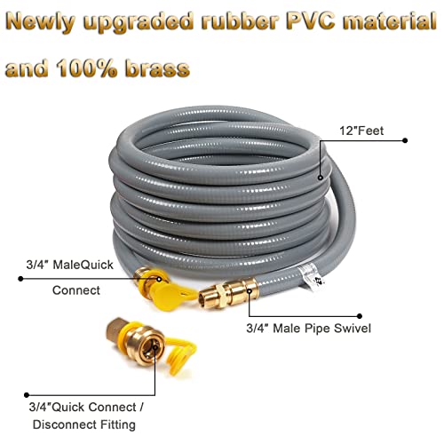 12FT 3/4" ID Natural Gas Hose with Quick Connect Fittings for NG/LP Propane Appliances, Grill, Patio Heaters, Generators, Pizza Oven, etc.