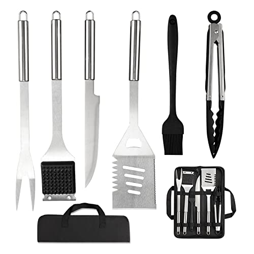 The Hungry Cook 6PCS 14" Standard BBQ Stainless-Steel Grilling Utensil Tools Set, Premium Grill Accessories Gift for Professional Barbecue- Spatula, Fork, Tongs, Knife, Cleaning Brush& Basting Brush