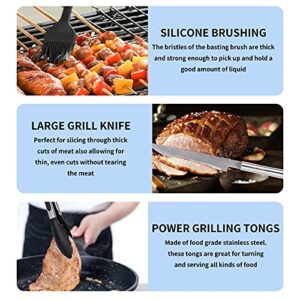 The Hungry Cook 6PCS 14" Standard BBQ Stainless-Steel Grilling Utensil Tools Set, Premium Grill Accessories Gift for Professional Barbecue- Spatula, Fork, Tongs, Knife, Cleaning Brush& Basting Brush