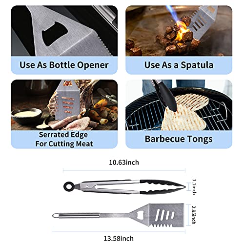 The Hungry Cook 6PCS 14" Standard BBQ Stainless-Steel Grilling Utensil Tools Set, Premium Grill Accessories Gift for Professional Barbecue- Spatula, Fork, Tongs, Knife, Cleaning Brush& Basting Brush