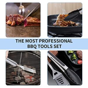 The Hungry Cook 6PCS 14" Standard BBQ Stainless-Steel Grilling Utensil Tools Set, Premium Grill Accessories Gift for Professional Barbecue- Spatula, Fork, Tongs, Knife, Cleaning Brush& Basting Brush