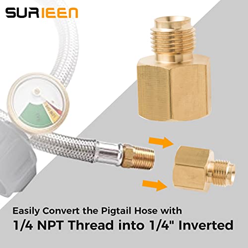 SURIEEN RV Propane Hose Adapter 1/4" Female Pipe NPT x 1/4" Inverted Male Flare（7/16-24UNF）, Brass Convert Adapter Fittings for Propane Lines (Pack of 2)