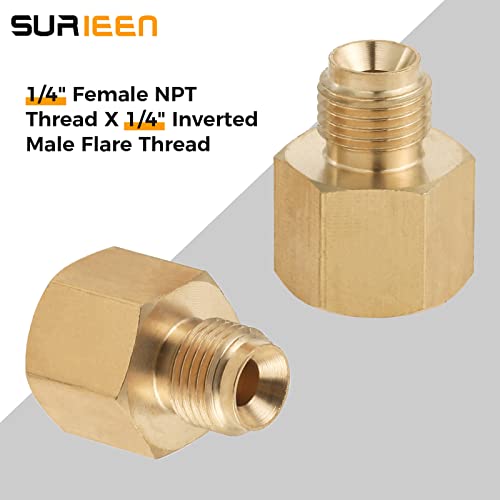 SURIEEN RV Propane Hose Adapter 1/4" Female Pipe NPT x 1/4" Inverted Male Flare（7/16-24UNF）, Brass Convert Adapter Fittings for Propane Lines (Pack of 2)