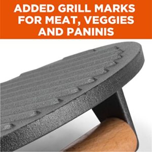 Commercial Chef Pre-Seasoned Cast Iron Press with Easy Grip Wooden Handle, 7-Inch Surface with Grill Marks, Chef Press Round Grilling Accessory