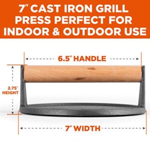 Commercial Chef Pre-Seasoned Cast Iron Press with Easy Grip Wooden Handle, 7-Inch Surface with Grill Marks, Chef Press Round Grilling Accessory