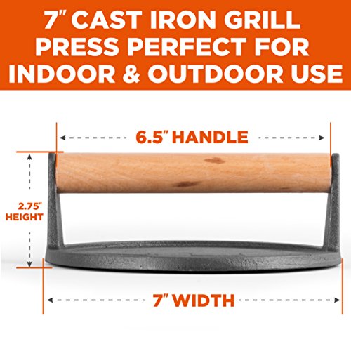 Commercial Chef Pre-Seasoned Cast Iron Press with Easy Grip Wooden Handle, 7-Inch Surface with Grill Marks, Chef Press Round Grilling Accessory