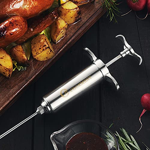 JY COOKMENT Meat Injector Syringe - Flavor Injector with 3 Stainless Steel Professional Needles;2pcs Cleaning Brush for BBQ Grill Smoker 2-oz Large Capacity Barrel