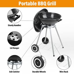 Wonlink Charcoal Grill, 18.5 Inch Portable Camping BBQ Grill with Wheels for Outdoor Cooking Picnic Barbecue