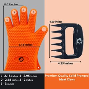 GK’s Premium BBQ Dream Set: 100% Mess Proof Silicone BBQ Smoker Gloves for BBQing All Day Plus Super Sharp Solid Meat Claws for Shredding Plus Silicone Basting Brush | Smoker Accessories for Men and Women (Orange)