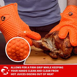 GK’s Premium BBQ Dream Set: 100% Mess Proof Silicone BBQ Smoker Gloves for BBQing All Day Plus Super Sharp Solid Meat Claws for Shredding Plus Silicone Basting Brush | Smoker Accessories for Men and Women (Orange)