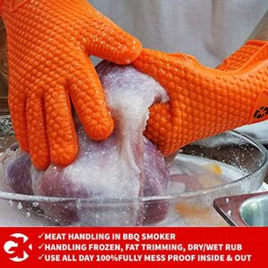 GK’s Premium BBQ Dream Set: 100% Mess Proof Silicone BBQ Smoker Gloves for BBQing All Day Plus Super Sharp Solid Meat Claws for Shredding Plus Silicone Basting Brush | Smoker Accessories for Men and Women (Orange)