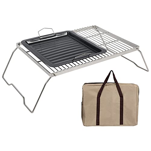 Lineslife Folding Campfire Grill with Grill Plate, Heavy Duty Stainless Steel Campfire Grill Grate with Carrying Bag Portable for Outdoor Camping Cooking