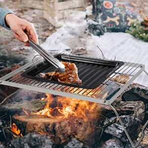 Lineslife Folding Campfire Grill with Grill Plate, Heavy Duty Stainless Steel Campfire Grill Grate with Carrying Bag Portable for Outdoor Camping Cooking