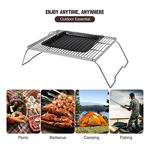 Lineslife Folding Campfire Grill with Grill Plate, Heavy Duty Stainless Steel Campfire Grill Grate with Carrying Bag Portable for Outdoor Camping Cooking