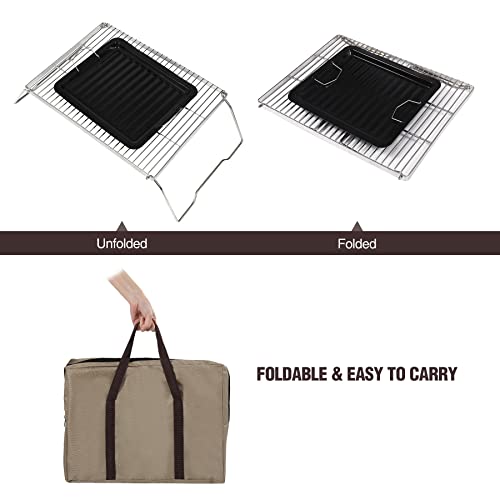 Lineslife Folding Campfire Grill with Grill Plate, Heavy Duty Stainless Steel Campfire Grill Grate with Carrying Bag Portable for Outdoor Camping Cooking