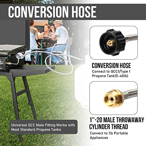 TIPHOPE 6FT Propane Adapter Hose Stainless Braided Propane Hose Converts 1lb Portable Appliances to 5-40lb Tanks,for Buddy Heaters,Coleman Camping Stove