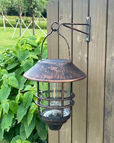 Solar Lanterns Outdoor Solar Lights Waterproof Solar Outdoor Light Hanging, Metal Heavy Glass & Stainless Outdoor Solar Wall Lantern ,for Fence Porch 2 Pack