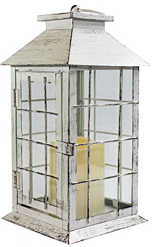 Seraphic Country Style Farmhouse Rustic Decorative Metal Lanterns with Flickering Flameless LED Candle, White