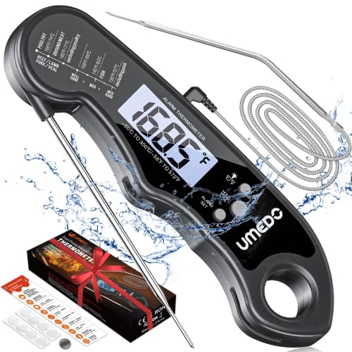 Digital Meat Thermometer, Umedo 2 in 1 Waterproof Instant Read Food Thermometer with Alarm Set, LCD Backlight & Calibration, Dual Probe Magnet Cooking Thermometer for BBQ, Candy, Liquid - Black