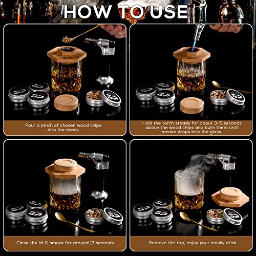 Spearpoint Products Cocktail Smoker Kit with Torch - (4) Types of All Natural Wood Chips - Whiskey Smoker - Drink Smoker Infuser Kit - Marble Ice Cubes - Spoon Brush