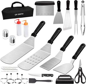 gr smith - grill accessories set for bbq - stainless steel grilling utensils - spatula scraper tongs cooking utensils carrying bag kit - kitchen & outdoor camping griddle tool - easy clean -32 pcs