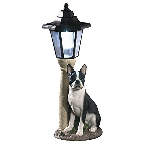 Bits and Pieces-Solar Boston Terrier Lantern-Solar Powered Garden Lantern - Resin Dog Sculpture with LED Light