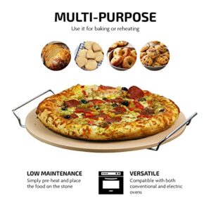 Ovente Ceramic Flat 13 Inch Pizza Stone Set with Crust Cutter Wheel & Metal Rack/Handle, Compact Easy Storage Portable Baking Grilling Stone Thermal Shock Resistance for Oven Grill BBQ, Beige BW10132