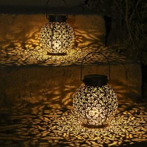 2 pack solar lanterns outdoor waterproof, outdoor hanging solar lanterns warm white garden lanterns patio halloween decor for garden landscape decoration (flower 2 pack)