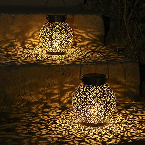 2 Pack Solar Lanterns Outdoor Waterproof, Outdoor Hanging Solar Lanterns Warm White Garden Lanterns Patio Halloween Decor for Garden Landscape Decoration (Flower 2 Pack)