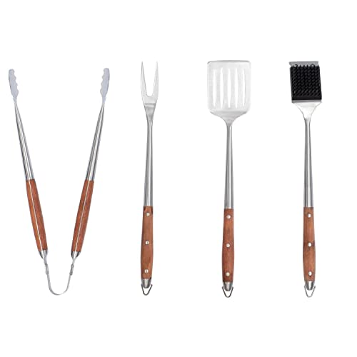 BBQGuys Signature 4-Piece Stainless Steel W/Wooden Handles Tool Set - BBQ-4PCW-TST