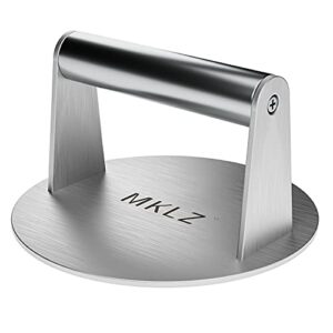 mklz burger smasher stainless steel bacon press, 5.9 inches round heavy duty burger smasher with handle, bacon press grill press perfect for flat top, professional griddle grill cooking