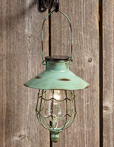 Distressed Porch Lantern - Solar-Powered Light with Vintage-Style Cage - Green