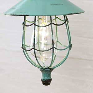 Distressed Porch Lantern - Solar-Powered Light with Vintage-Style Cage - Green