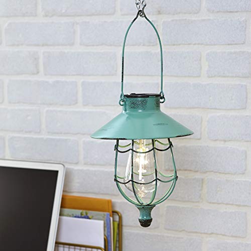 Distressed Porch Lantern - Solar-Powered Light with Vintage-Style Cage - Green